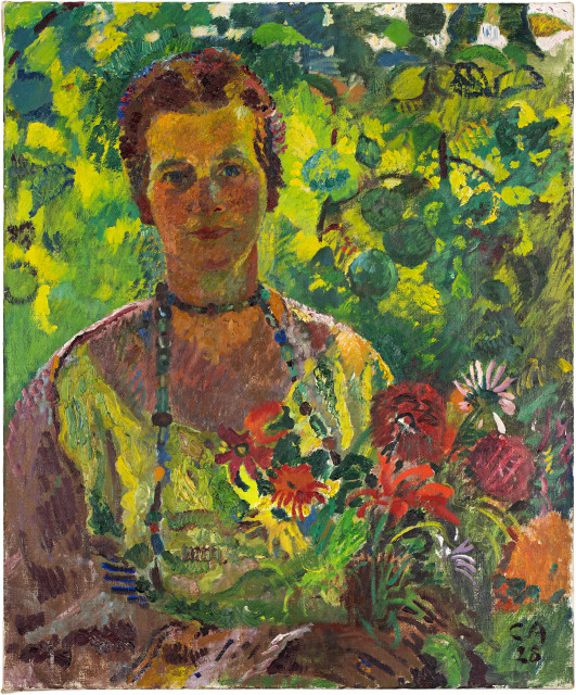 Cuno Amiet : Anna Amiet mit Blumen im Garten, 1928 | Galerie Kornfeld ...