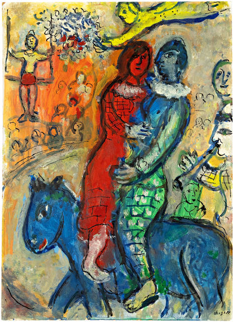 Marc Chagall : Clown en bleu-vert et écuyère en rouge sur ..., Circa ...